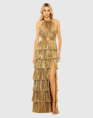Mac Duggal Metallic Halter Neck Tiered Ruffle Gown - Gold