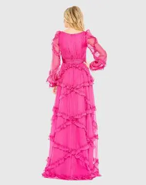 Mac Duggal Ruffle A-line Gown With Sheer Long Sleeves - Pink