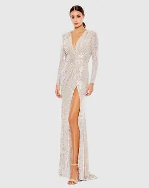 Mac Duggal Sequined Long Sleeve Gown - Silver