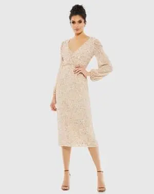 Mac Duggal Sequin V-neck Midi Dress