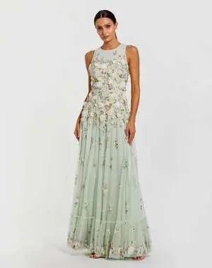Mac Duggal Embellished High Neck Sleeveless Gown - Sage Multi