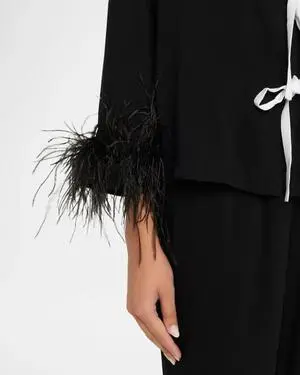 Sleeper Cropped Feather-cuff Viscose Pajama Set - Black