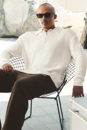 Alo Yoga Textured Knit Long Sleeve Polo Top Ivory