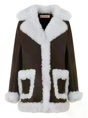 Marni Leather Jacket With Logo Patch And Fur Collar - Brown
