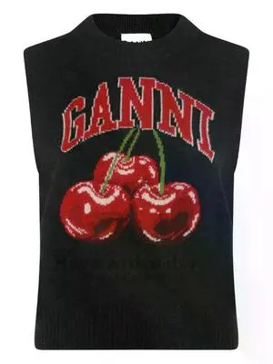 GANNI Cherry-embroidered Top - Grey