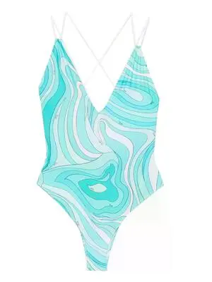 Emilio Pucci Marmo-print V-neck Swimsuit - Blue