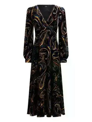 Etro Velvet Paisley-foliage Motif Wrap Midi Dress - Black