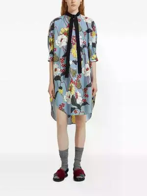 Marni Floral-print Neck-tie Dress - Blue