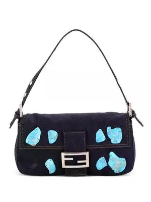 Fendi Baguette Embellished Denim Shoulder Bag - Blue