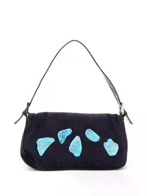 Fendi Baguette Embellished Denim Shoulder Bag - Blue