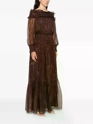 SELF-PORTRAIT Georgette Maxi Dress With Metallic Pinstripes And Off-the-shoulder Neckline - Brown