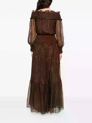 SELF-PORTRAIT Georgette Maxi Dress With Metallic Pinstripes And Off-the-shoulder Neckline - Brown