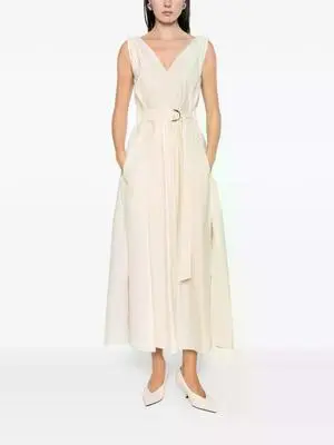 Brunello Cucinelli Belted V-neck Midi Dress - Neutrals