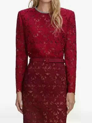 SELF-PORTRAIT Floral-relief Lace Midi Skirt - Red