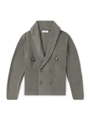 Brunello Cucinelli Shawl-collar Double-breasted Ribbed Cotton Cardigan - Green