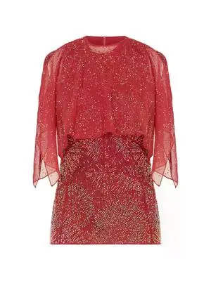 Rabanne Chiffon Cape Pearl Embroidered Top - Red