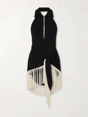 TALLER MARMO Tropicana Halterneck Swimsuit And Fringed Pareo Set - Black