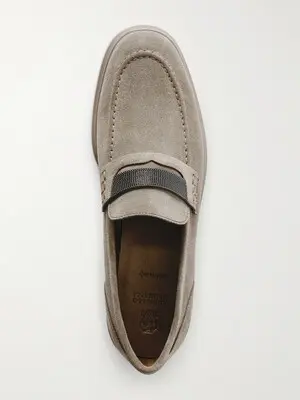 Brunello Cucinelli Embellished Suede Loafers - Gray