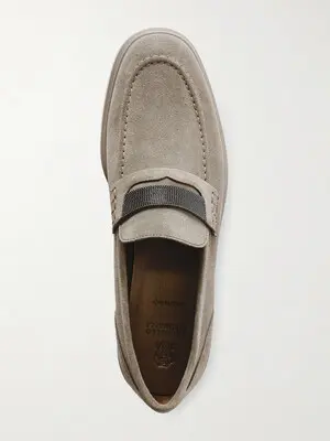 Brunello Cucinelli Embellished Suede Loafers - Gray