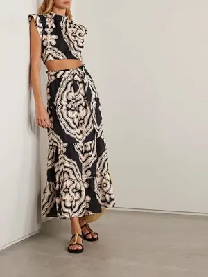 LEMLEM Sanaa Printed Linen Maxi Skirt With Belt - Black