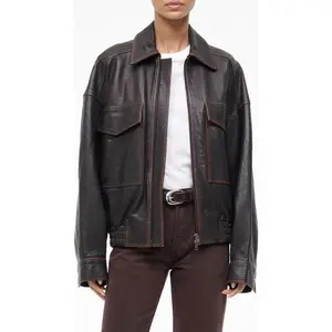 Staud Eugene Leather Bomber Jacket - Distressed Brown