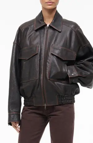 Staud Eugene Leather Bomber Jacket - Distressed Brown