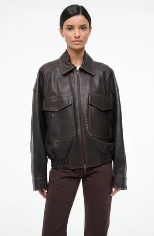 Staud Eugene Leather Bomber Jacket - Distressed Brown
