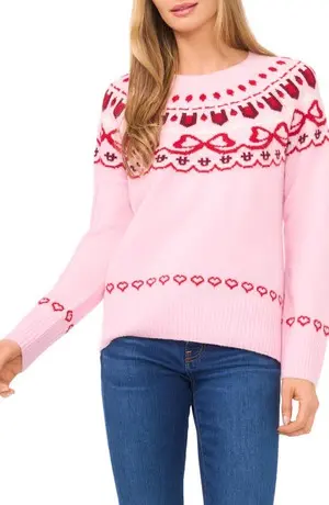 CECE DUPRAZ Fair Isle Bow Heart Crewneck Sweater