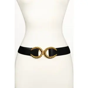 RAINA BELTS Leather Belt With Golden Buckle - Black