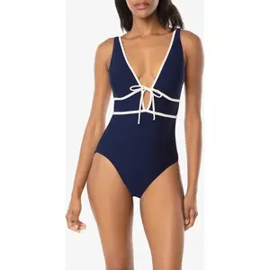 Helen Jon Plunge Front Tie One-piece - Navy Ivory