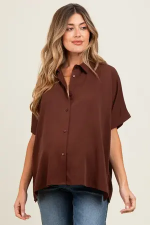 PINKBLUSH Dolman Sleeve Button Down Blouse - Brown