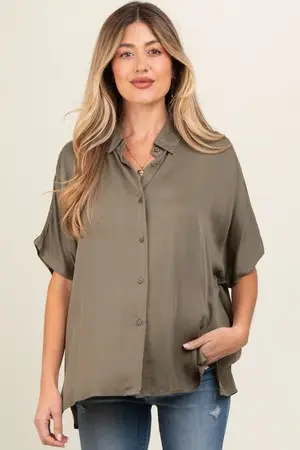 PINKBLUSH Dolman Sleeve Button Down Blouse - Olive Green