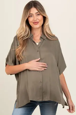 PINKBLUSH Dolman Sleeve Button Down Blouse - Olive Green