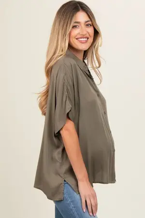 PINKBLUSH Dolman Sleeve Button Down Blouse - Olive Green