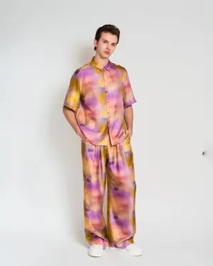 LOST PATTERN Oversized Silk Hawaii Shirt And Wide Leg Pants Set - Pink