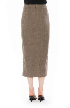 ALEXIA ADMOR Midi Tweed Skirt With Side Slit - Herringbone