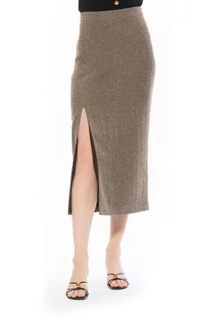ALEXIA ADMOR Midi Tweed Skirt With Side Slit - Herringbone