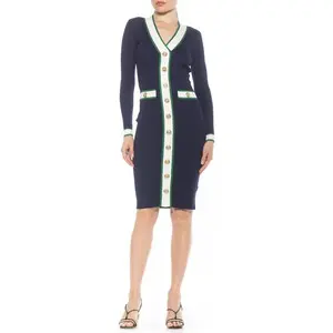 ALEXIA ADMOR Long Sleeve Ribbed Sweater Dress With Button Details - Navy