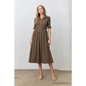 PINKBLUSH Gingham Smocked Button Down Midi Dress - Brown