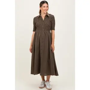 PINKBLUSH Gingham Smocked Button Down Midi Dress Brown