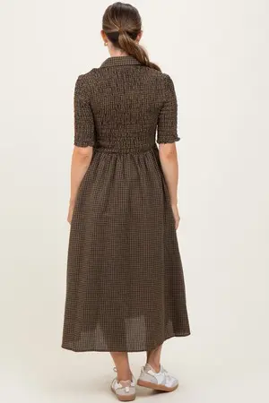 PINKBLUSH Gingham Smocked Button Down Midi Dress