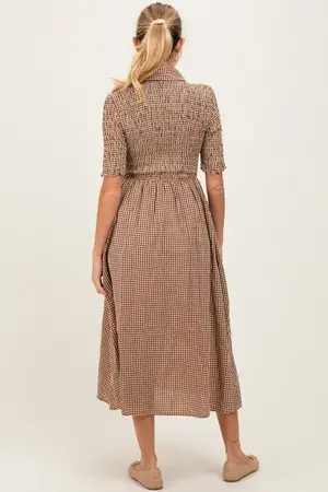 PINKBLUSH Gingham Smocked Button Down Midi Dress - Mocha