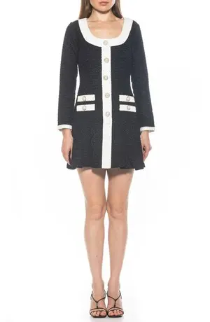 ALEXIA ADMOR Houndstooth Tweed Mini Dress With Faux Pearl Buttons - Black