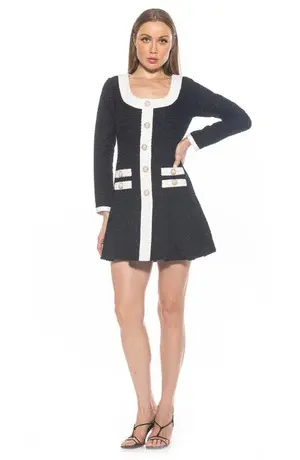 ALEXIA ADMOR Houndstooth Tweed Mini Dress With Faux Pearl Buttons - Black