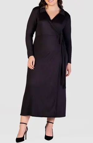 24SEVEN COMFORT APPAREL Collared Wrap Maxi Dress - Black