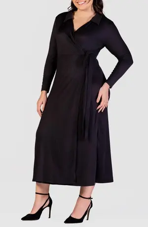 24SEVEN COMFORT APPAREL Collared Wrap Maxi Dress - Black