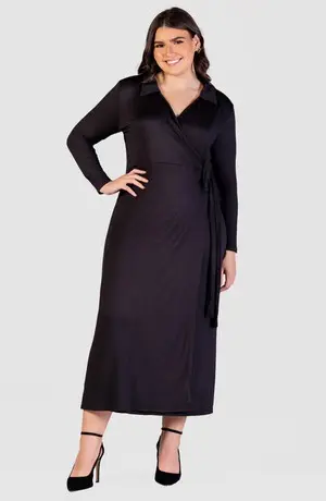 24SEVEN COMFORT APPAREL Collared Wrap Maxi Dress - Black