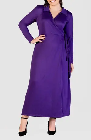 24SEVEN COMFORT APPAREL Collared Long Sleeve Wrap Front Maxi Dress - Purple