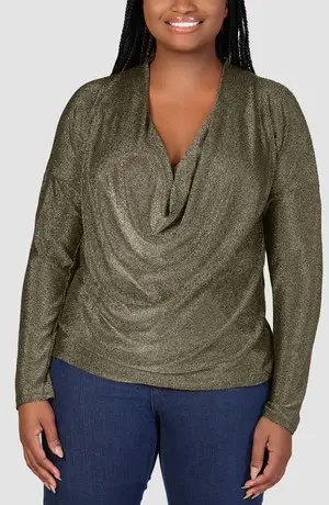 24SEVEN COMFORT APPAREL Cowl Neck Long Sleeve Shimmery Top - Gold
