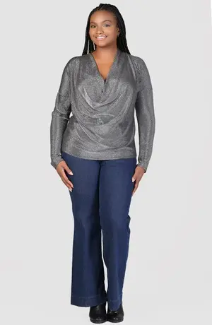 24SEVEN COMFORT APPAREL Cowl Neck Long Sleeve Shimmery Top - Silver